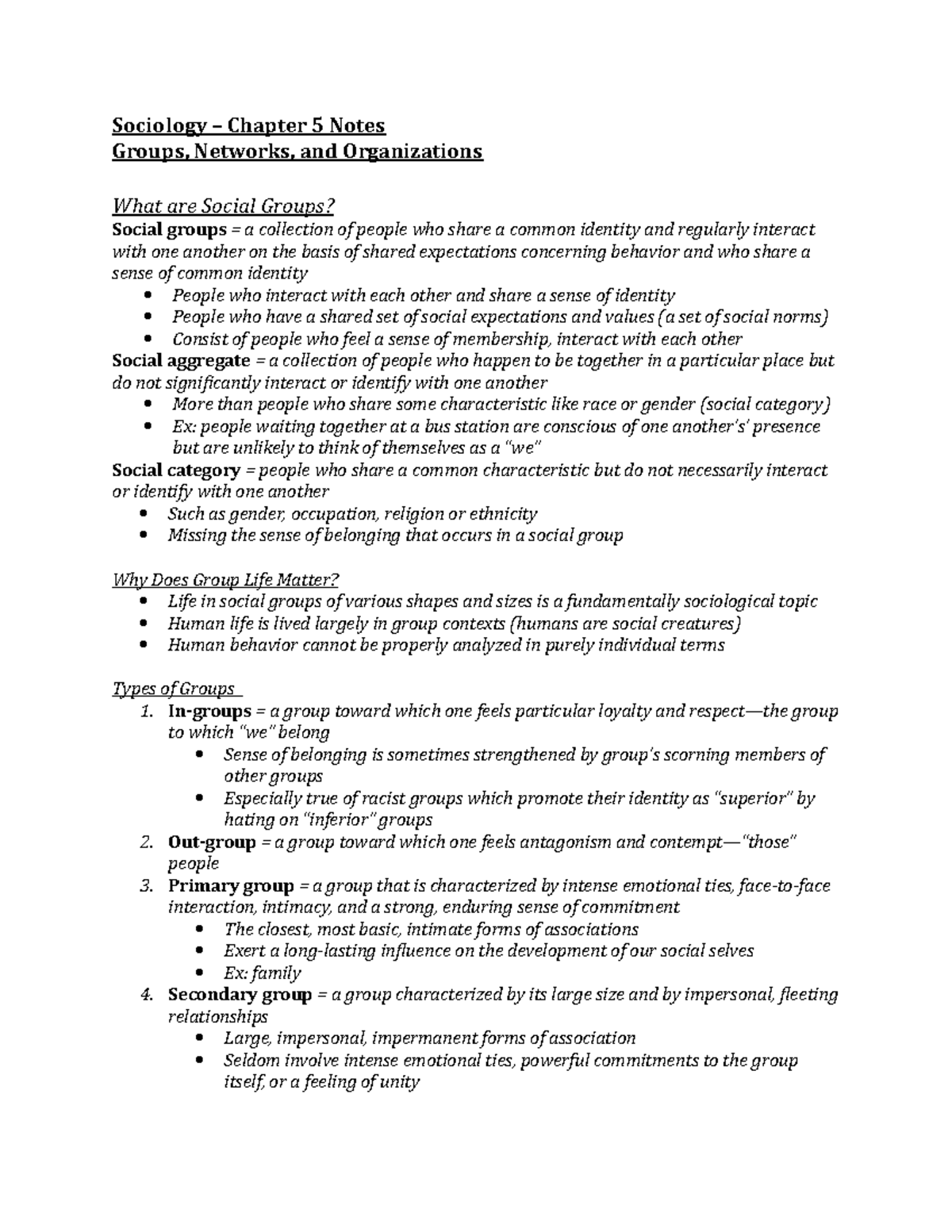 Sociology – Chapter 5 Notes - Sociology – Chapter 5 Notes Groups ...