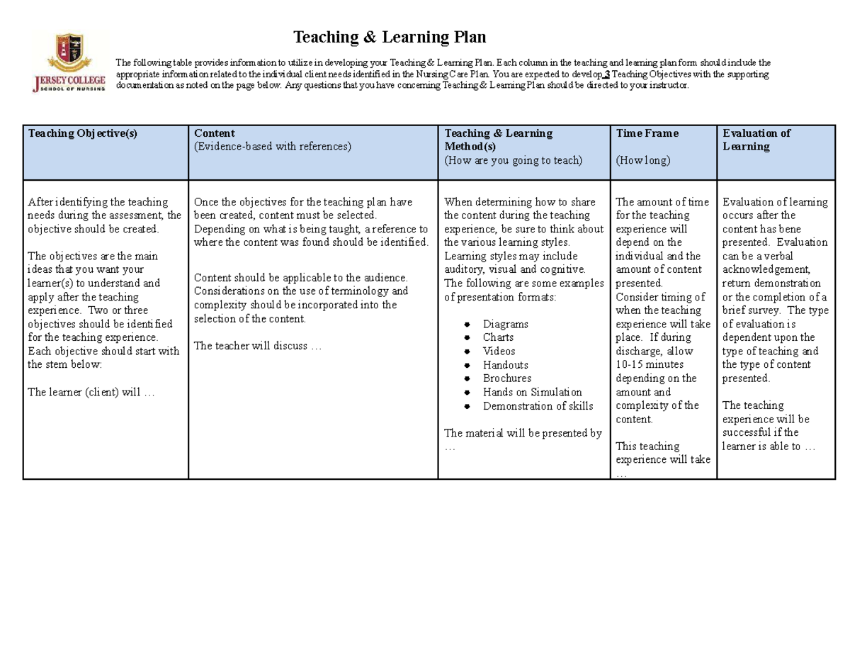 NUR 101 Teaching learning plan for client education objectives - Studocu