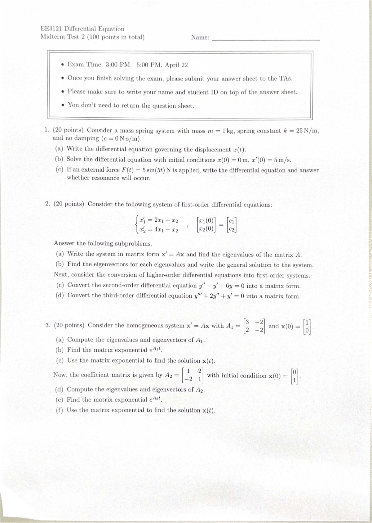 EE3121 Differential Equations Midterm Test 2 Past Paper - Studocu