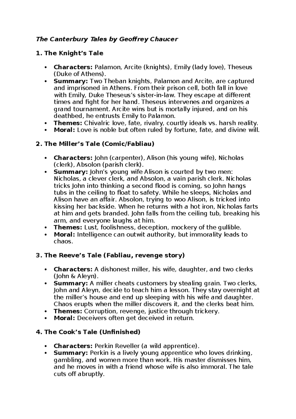 The Canterbury Tales: Character Summaries and Themes Analysis - Studocu