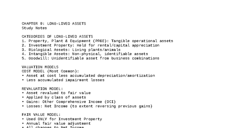 CHAPTER 9: ASSETS Study Notes - Categories & Valuation Models - Studocu