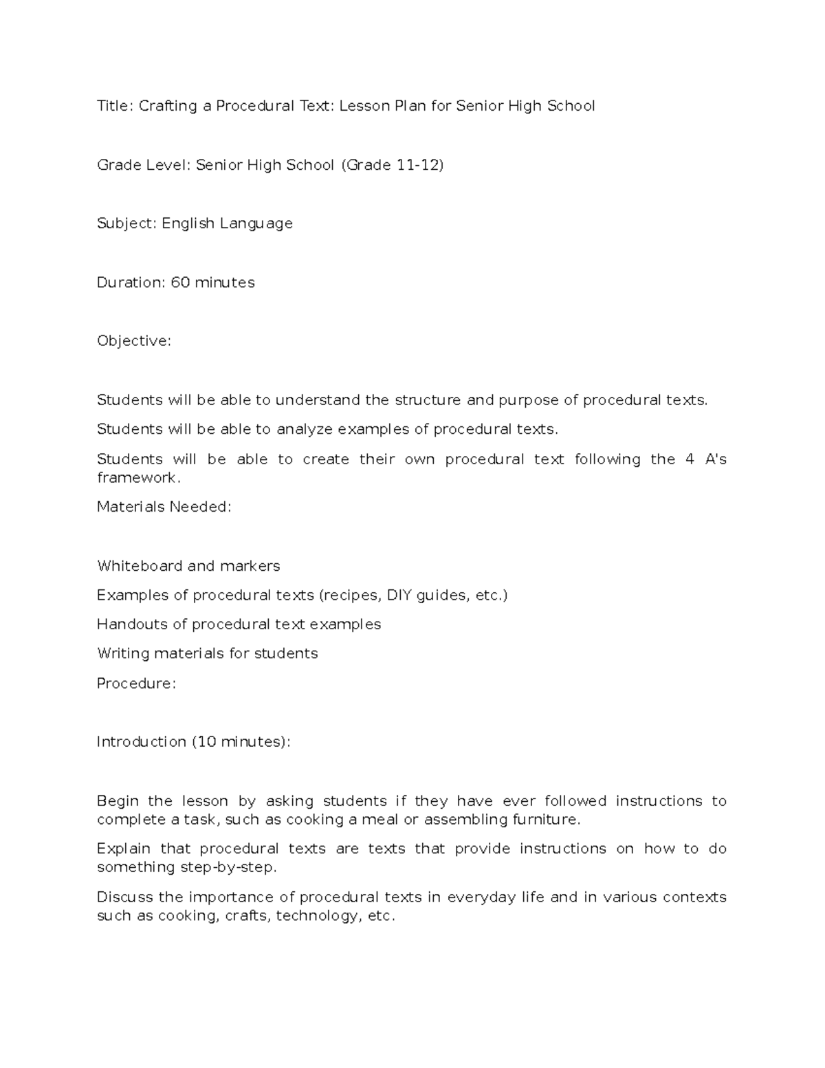 Lesson Plan: Crafting Procedural Texts for Senior High School English ...