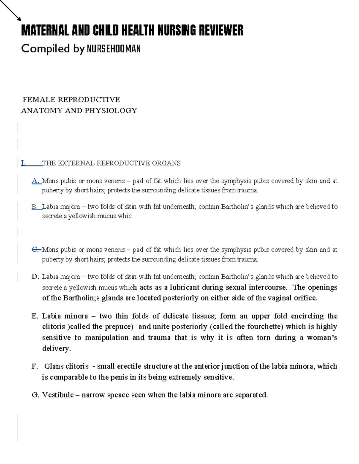 Maternal and Child Health Nursing Reviewer: Female Reproductive Anatomy ...