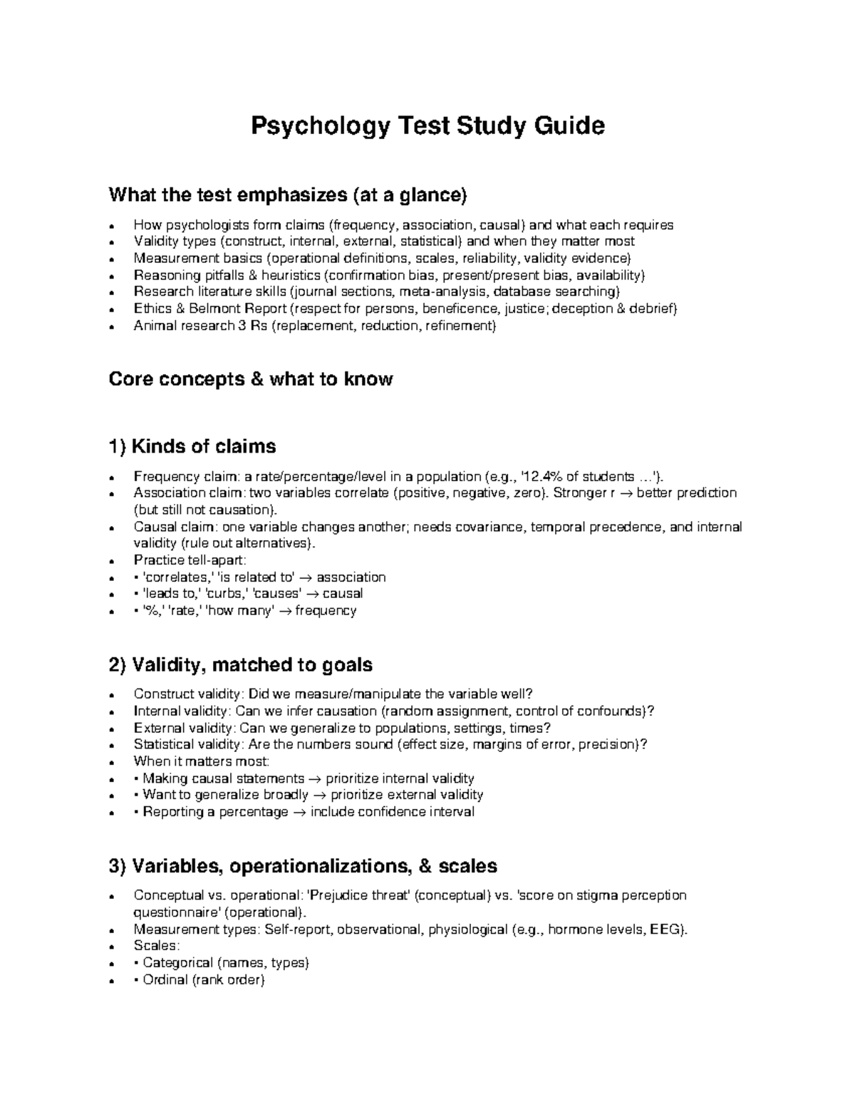 Psychology 101: Final Exam Study Guide on Claims, Validity & Ethics ...