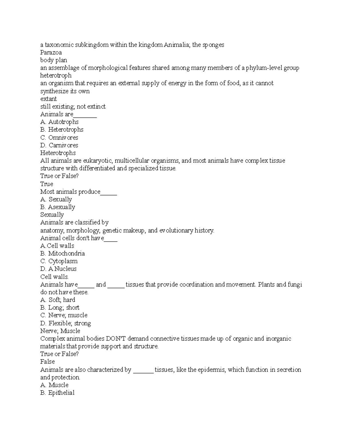 Biology 101 - Exam Review on Animal Classification and Tissues - Studocu