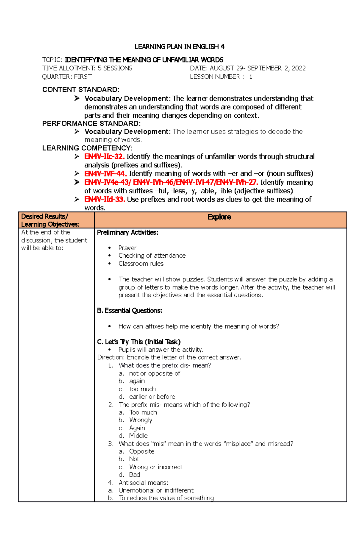 First Quarter - Lesson Plan in English 4: Vocabulary & Nouns - Studocu