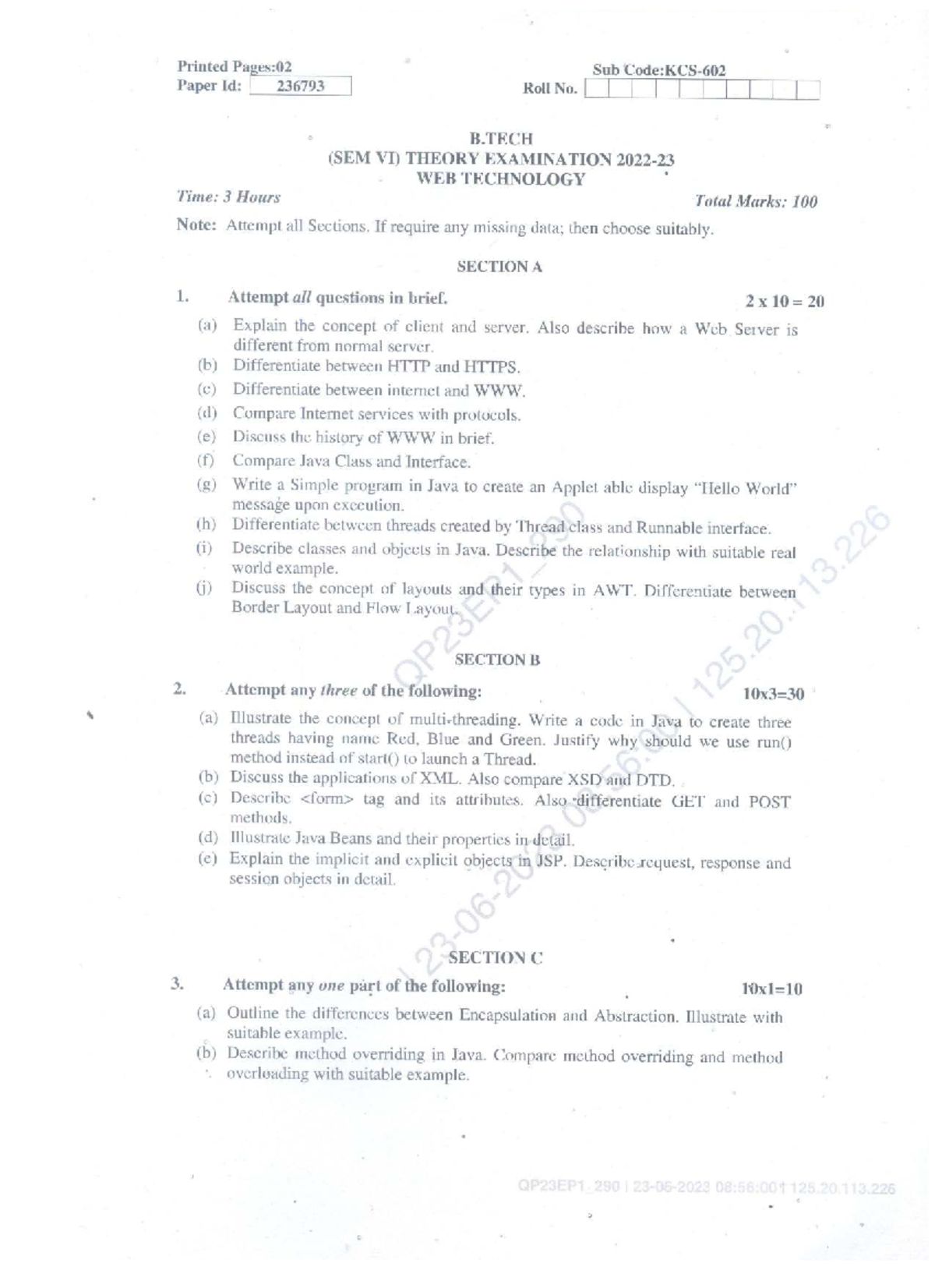 BTECH (SEM V) THEORY EXAMINATION WEB TECHNOLOGY - PYQ - Studocu