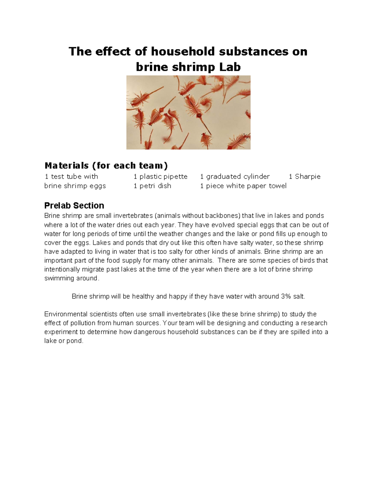 Effects of Household Substances on Brine Shrimp Hatching Lab - Studocu