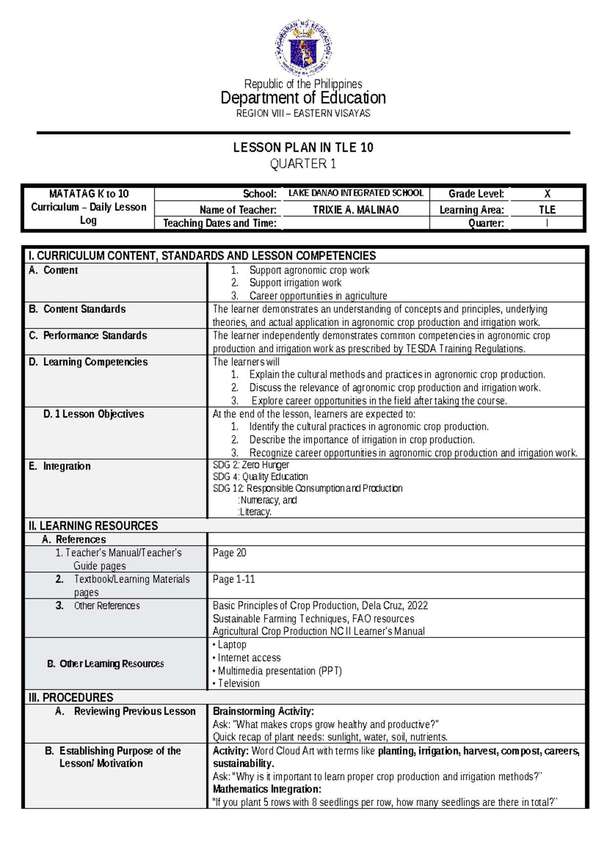 TLE 10 Lesson Plan: Agronomic Crop Production & Irrigation - Studocu