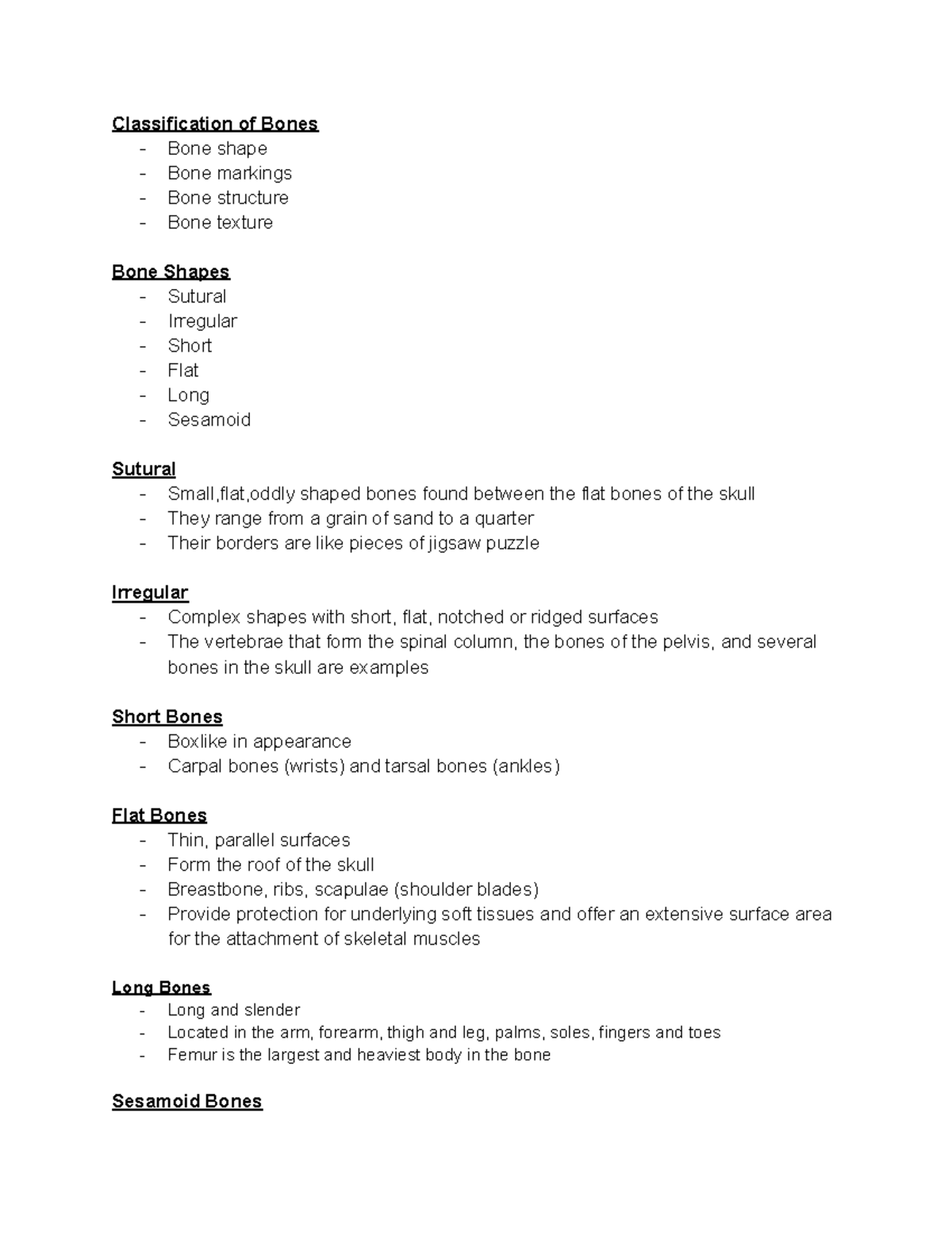 Chapter 6 Anatomy Notes - Classification of Bones - Bone shape - Bone ...
