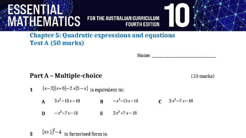 Chapter 5: Quadratic Expressions & Equations Test A (50 Marks) - Studocu