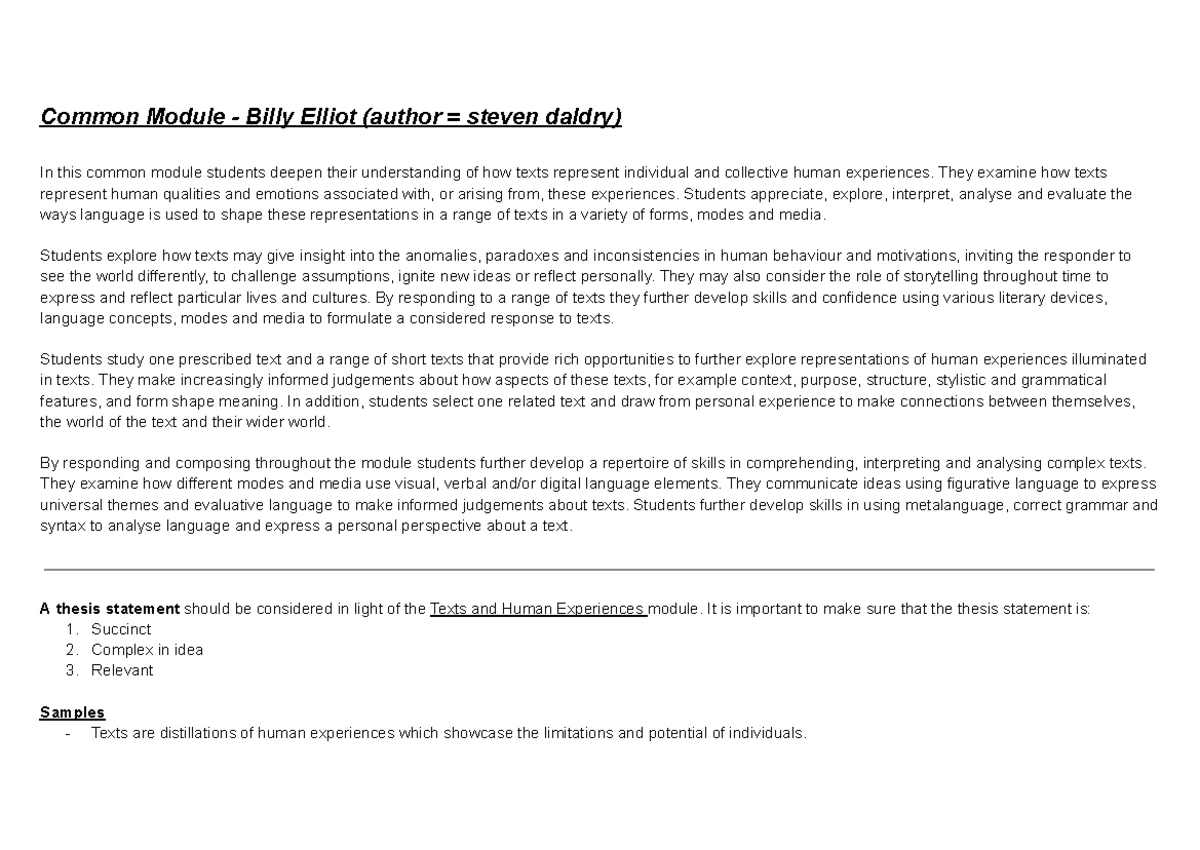 Billy Elliot Study Guide: Insights into Texts & Human Experiences - Studocu