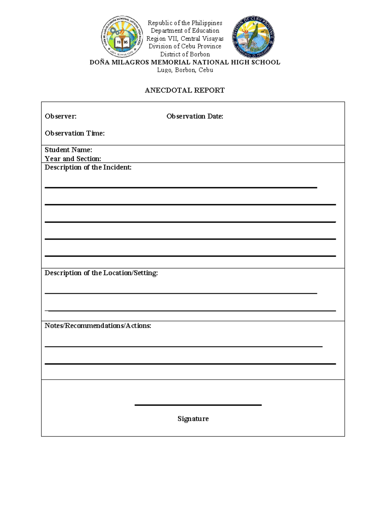 Anecdotal Record Form for Student Observation - DOÑA MILAGROS MEMORIAL ...