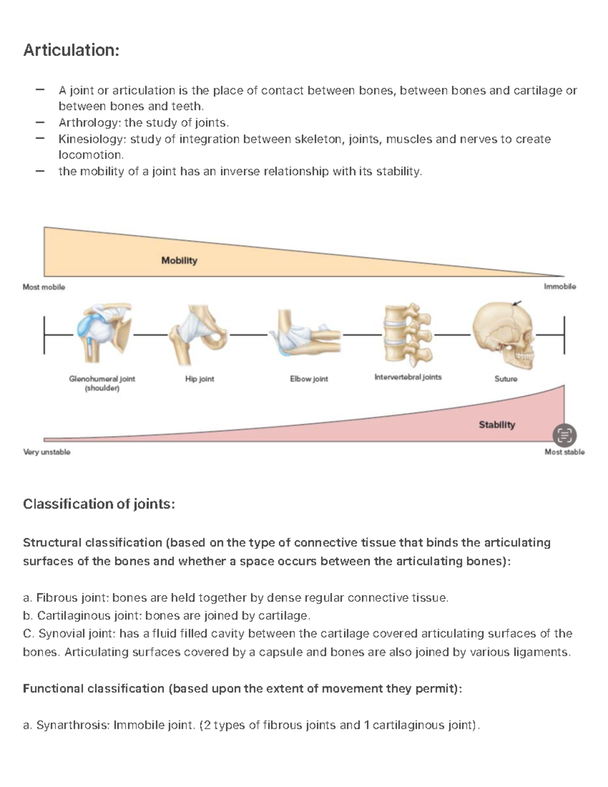 KINE 301: Detailed Study of Articulation and Joint Classification - Studocu