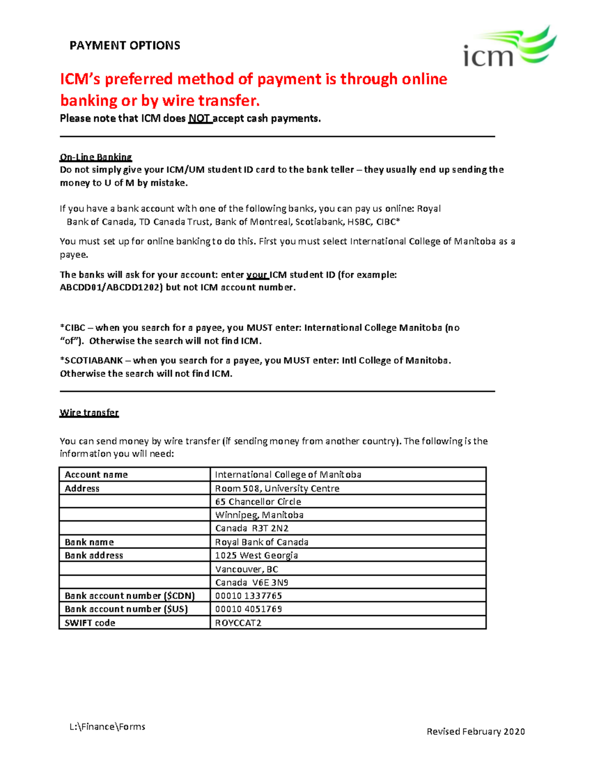 Payment Options FOR ICM - PAYMENT OPTIONS L:\Finance\Forms Revised ...