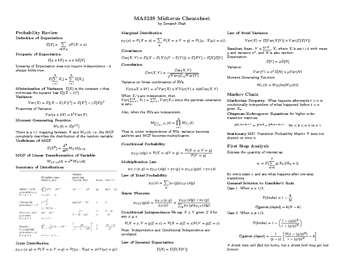 MA3238 Midterm Cheatsheet: Probability & Expectation Review - Studocu