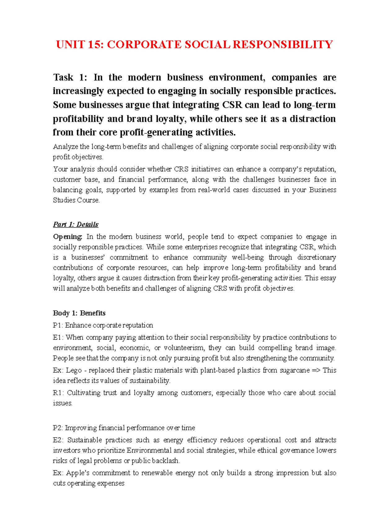 UNIT 15: CSR Analysis - Task 1 & Task 2 Insights in Business Studies ...