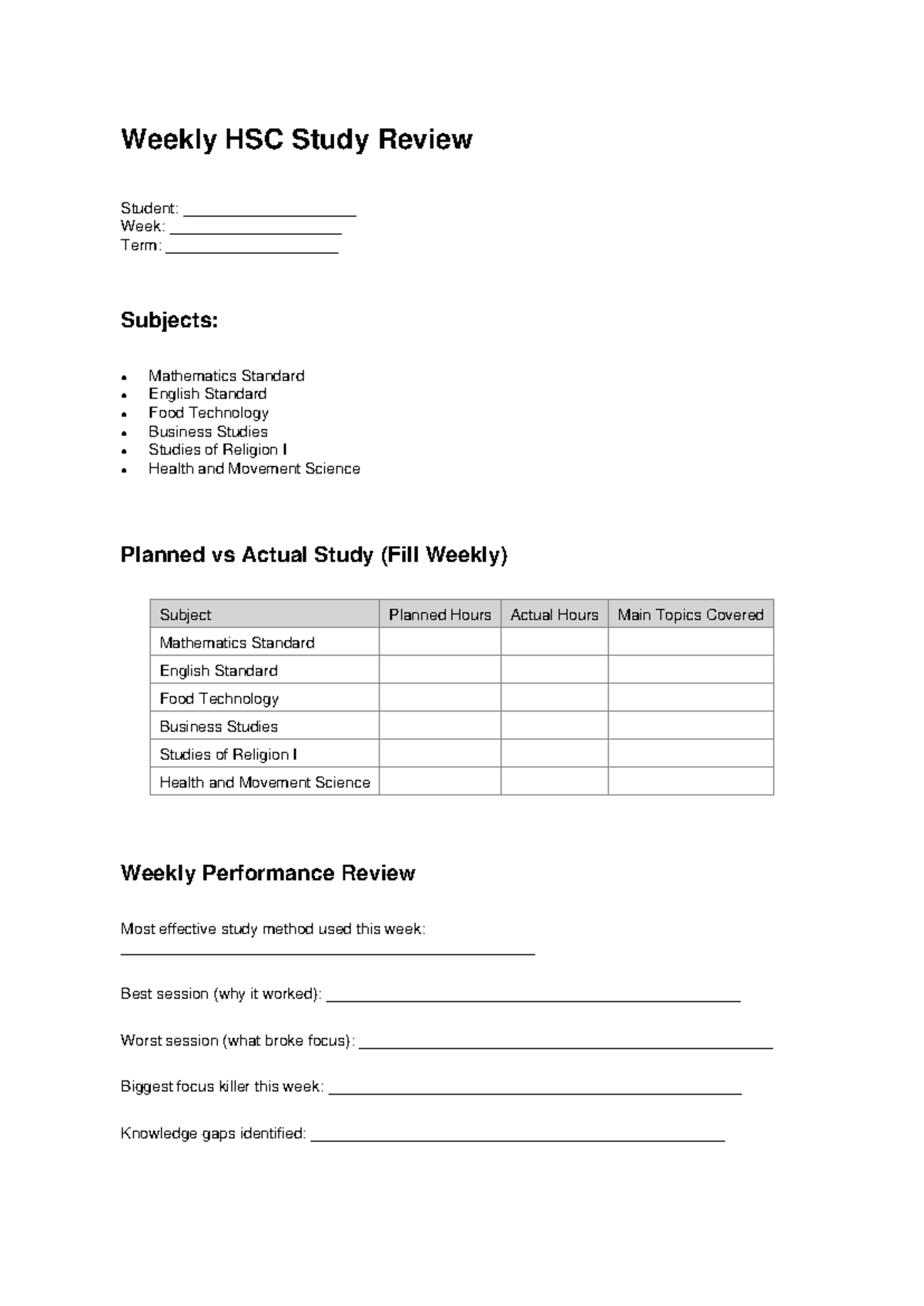 Weekly HSC Study Review: Performance & Planning Insights - Studocu