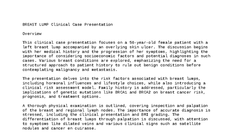 Case Presentation: Breast Lump (Surgery) Overview and Analysis - Studocu