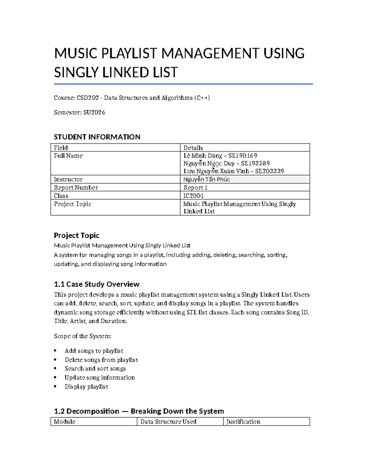 MUSIC PLAYLIST MANAGEMENT PROJECT - CSD202 Assignment 1 - Studocu