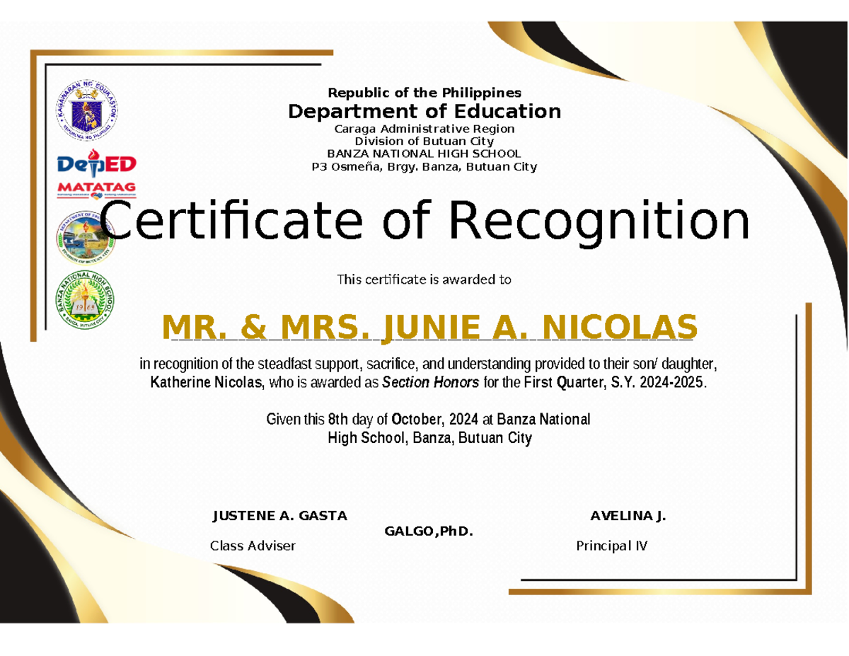 Certificate of Recognition Parents CERT - Republic of the Philippines ...