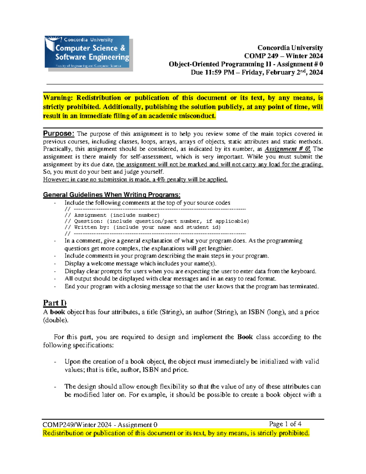 COMP 249 - Winter 2024 - Object-Oriented Programming II Assignment 0 ...