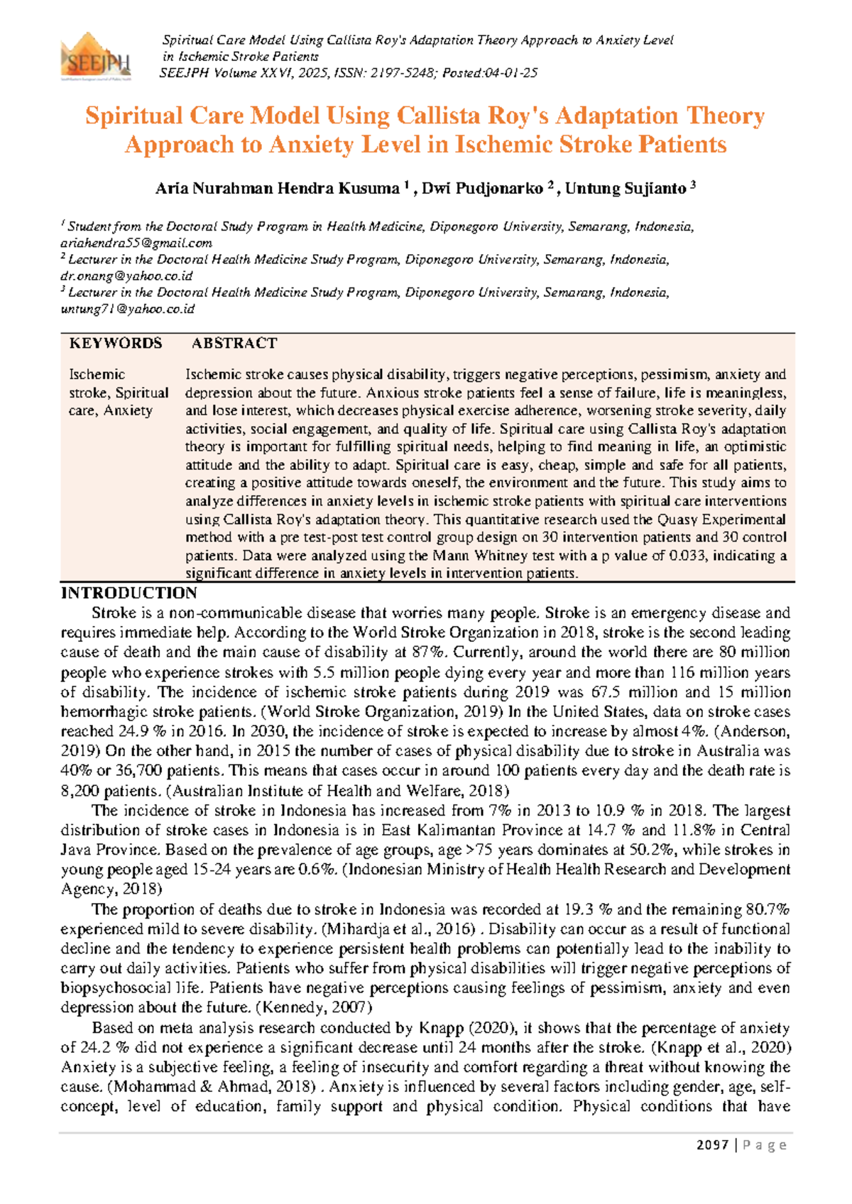 Spiritual Care Model for Anxiety in Ischemic Stroke Patients: A Study ...