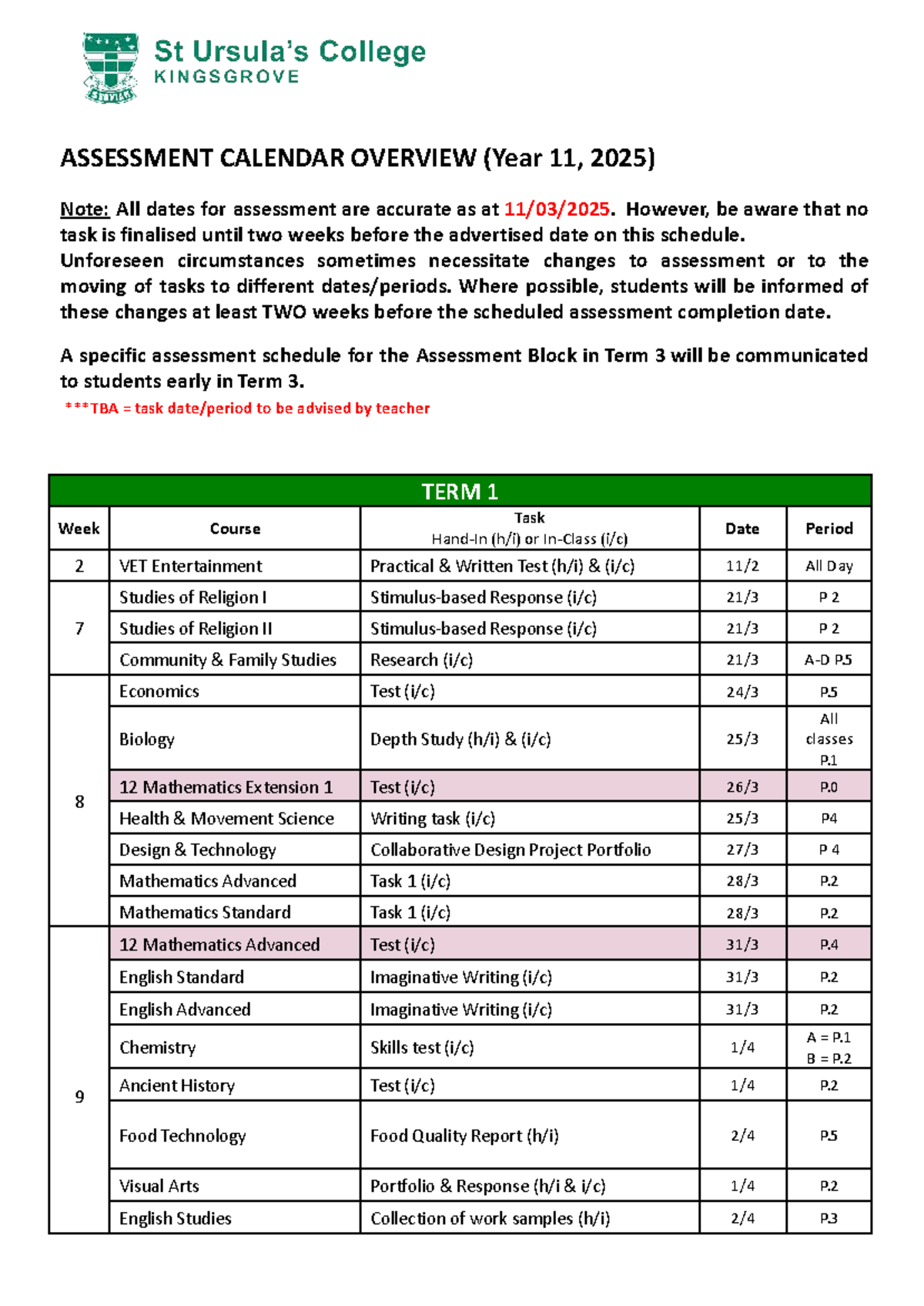 2025 Year 11 Assessment Calendar Overview and Schedule - Studocu