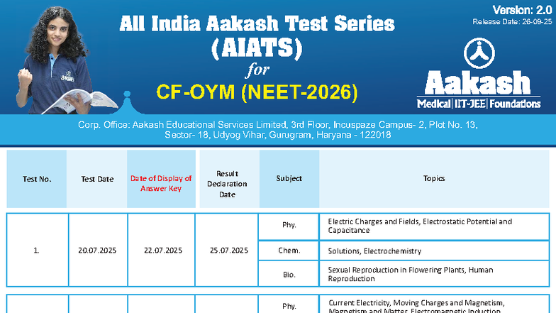 AIATS Schedule for Class XII (CF + OYM) 2025-26 - Version 2.0 - Studocu