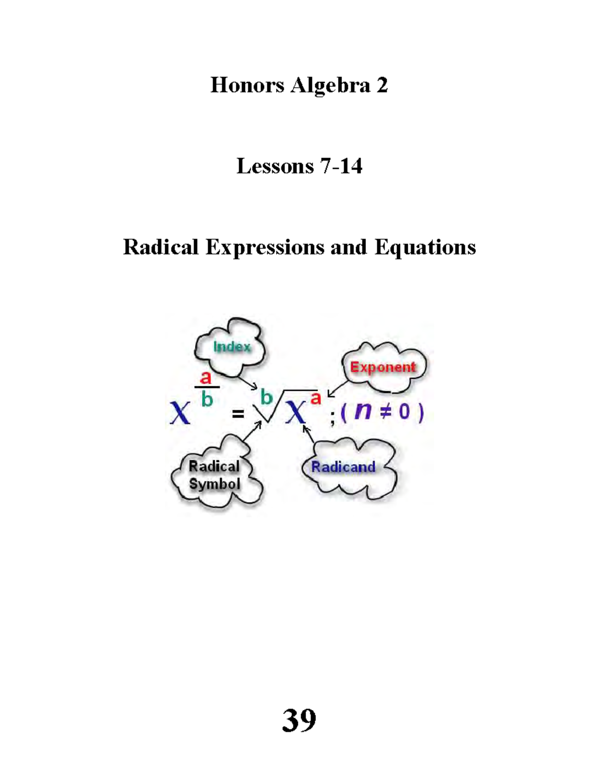 Honors Algebra 2 Lessons on Radical Expressions & Equations - Studocu