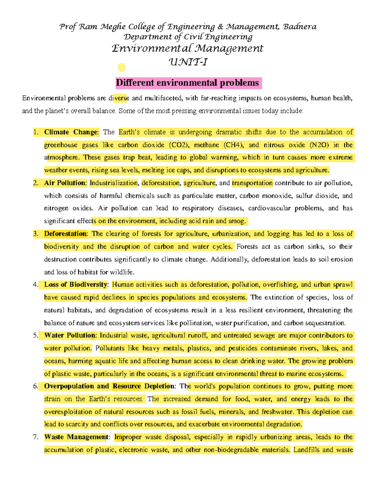 Environmental Management Challenges and Solutions - CE 101 - Studocu