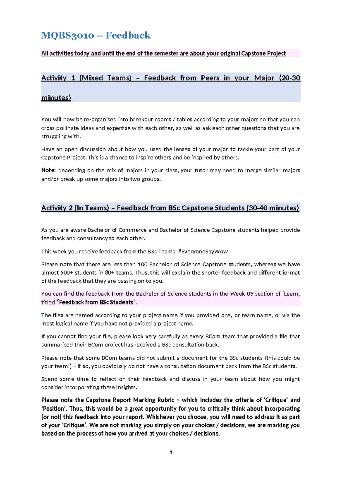 MQBS3010 Capstone Project Feedback & Employability Skills Overview ...