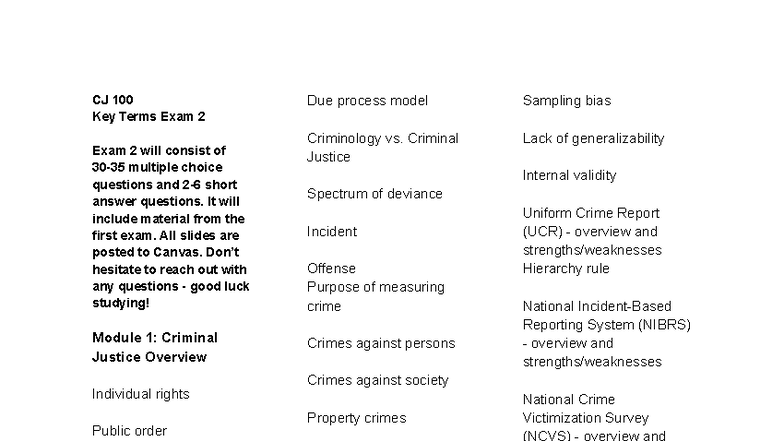 CJ 100 Key Terms for Exam 2: Overview of Criminal Justice Concepts ...