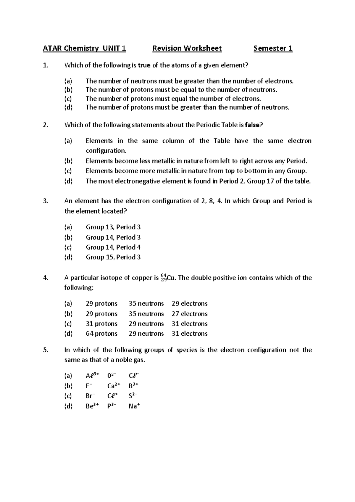 ATAR Chemistry Unit 1 Semester 1 Revision Worksheet Questions - Studocu