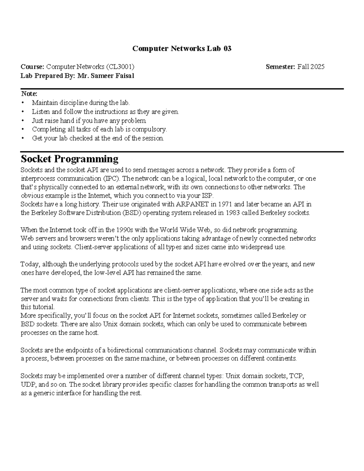 Computer Networks Lab 03: Socket Programming Overview (CL3001) - Studocu