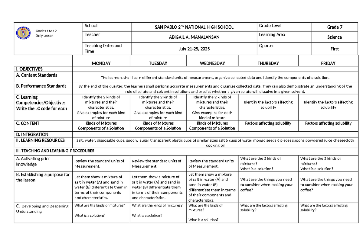 Grade 7 Science Daily Lesson Log: Mixtures & Solutions (July 2025 ...
