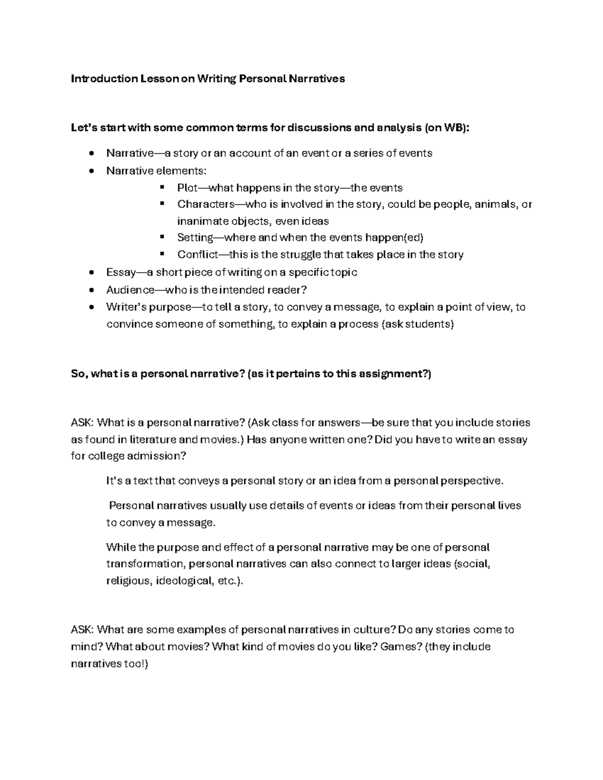 ENG 101: Intro Lesson on Writing Personal Narratives - Studocu