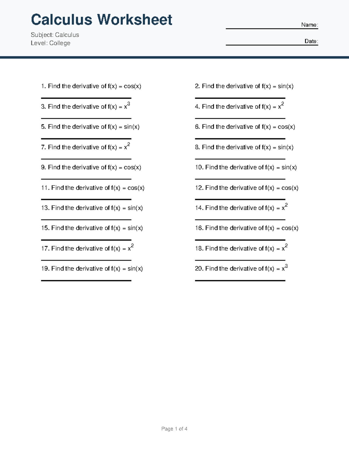 Calculus Worksheet 5: Derivatives & Problem Solving - Studocu
