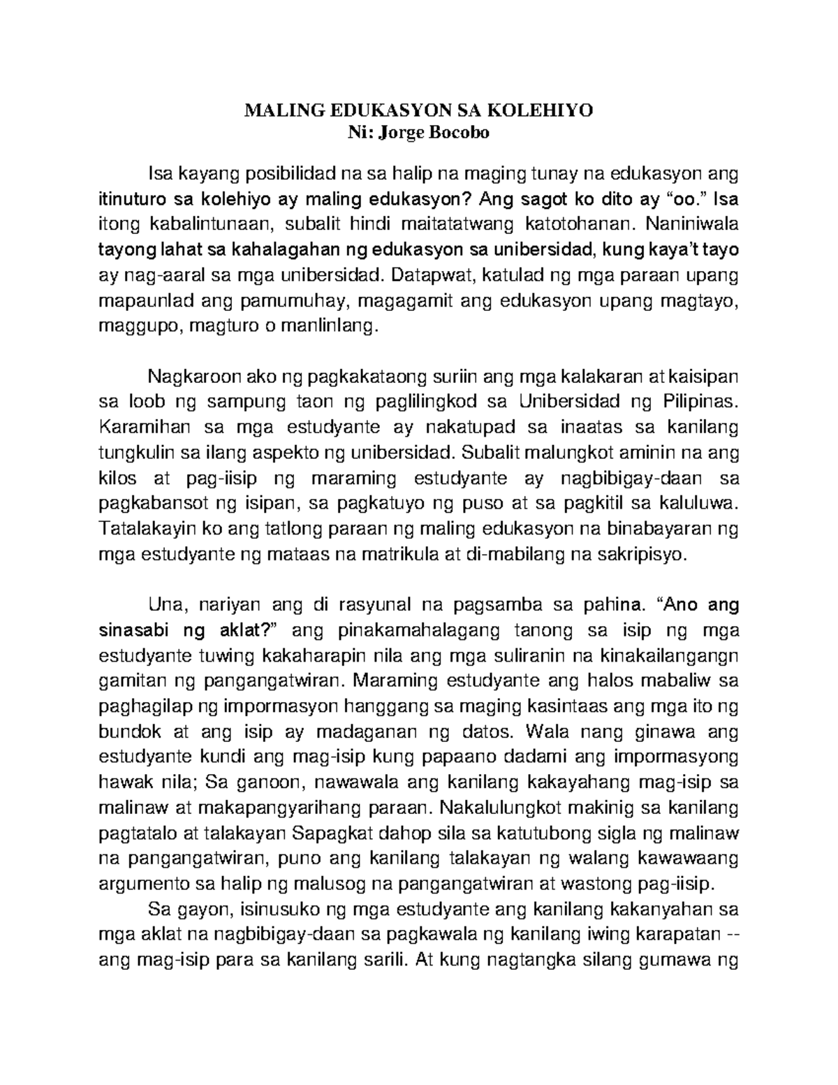 Maling Edukasyon sa Kolehiyo: Isang Pagsuri ni Jorge Bocobo - Studocu
