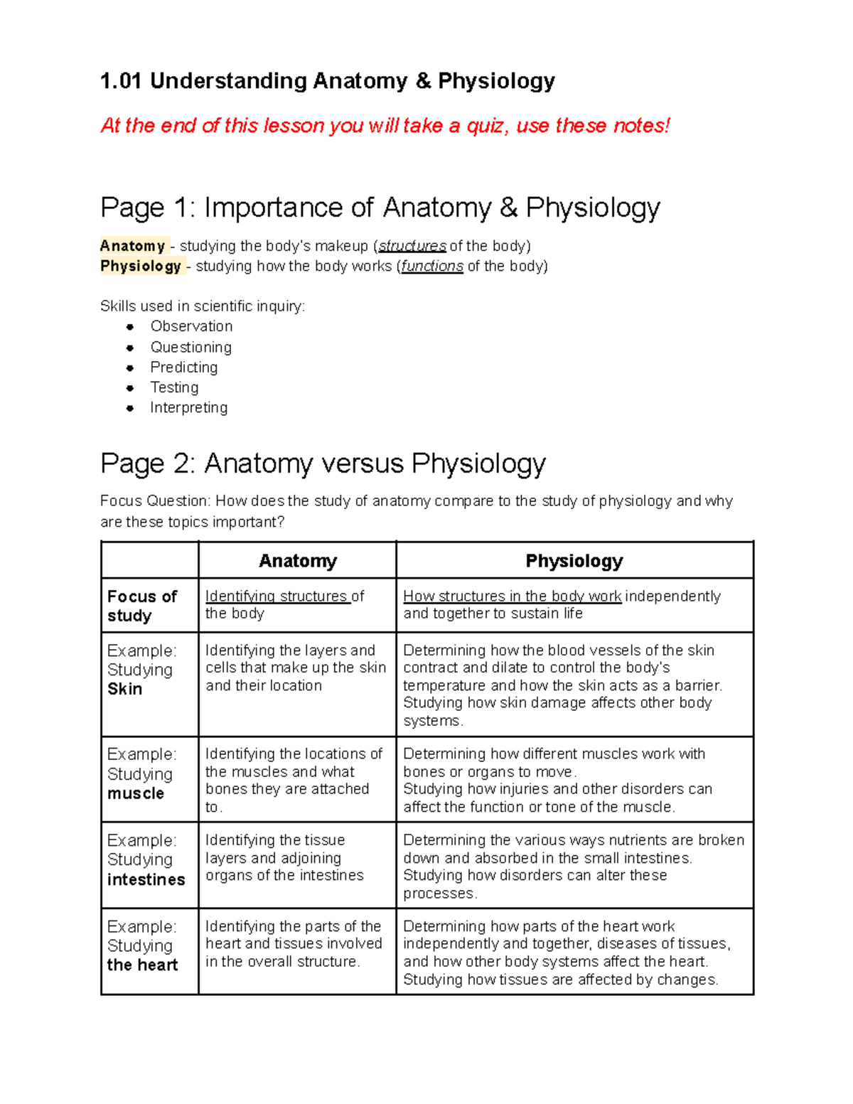 Understanding Anatomy & Physiology: Quiz Prep Notes (A&P 1.01) - Studocu