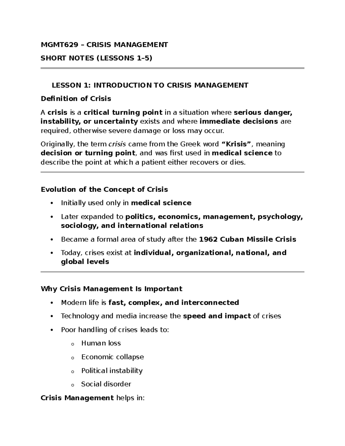 MGMT629 CRISIS MANAGEMENT SHORT NOTES: KEY CONCEPTS & STRATEGIES - Studocu