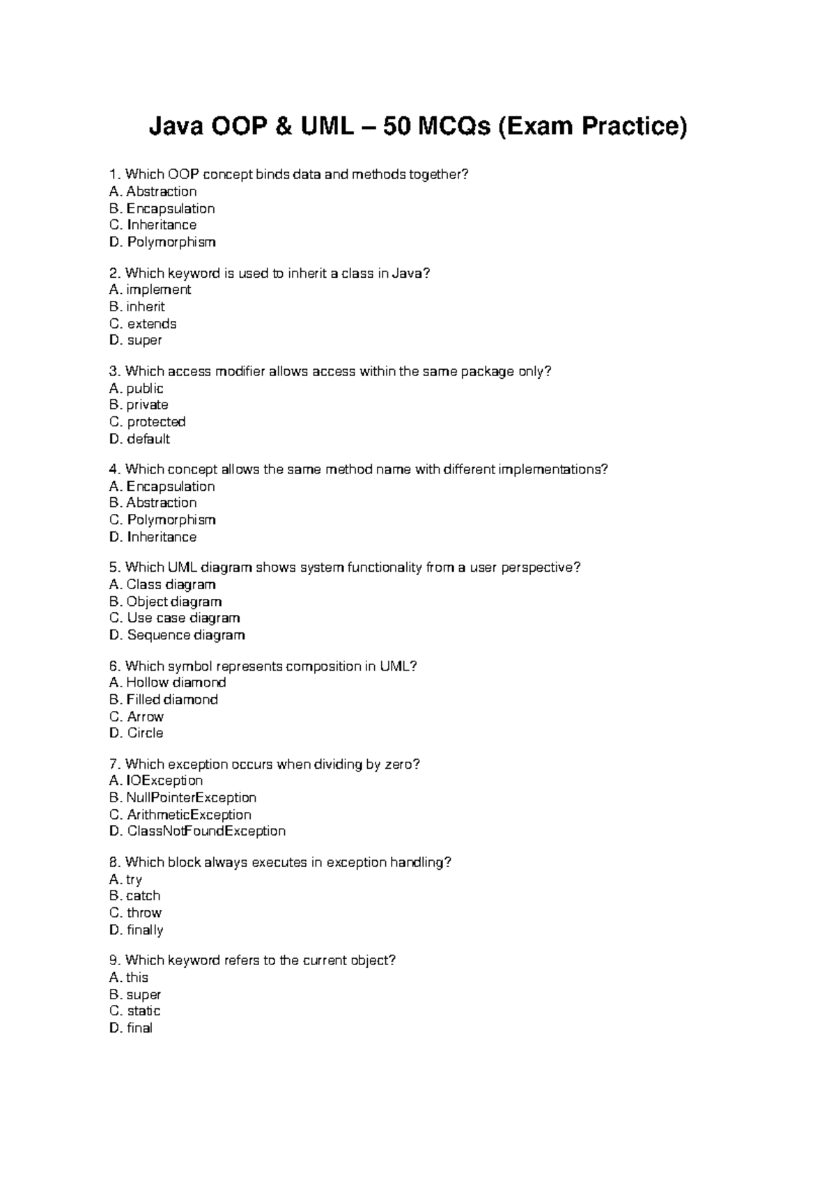 Java OOP UML 50 MCQs (Exam Practice & Answer Key) - Studocu