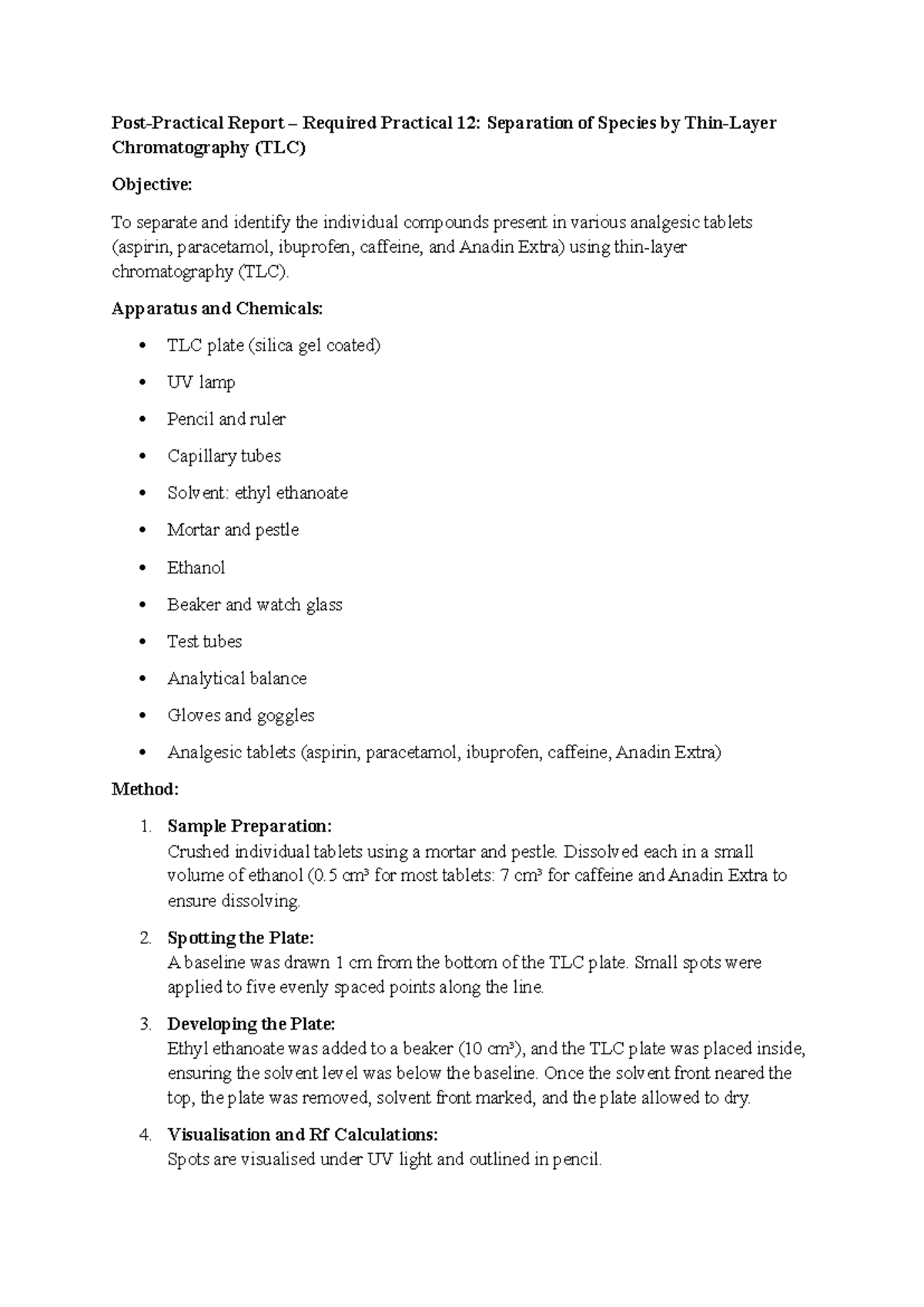 Post Practical Report 12: TLC Separation of Analgesic Species - Studocu