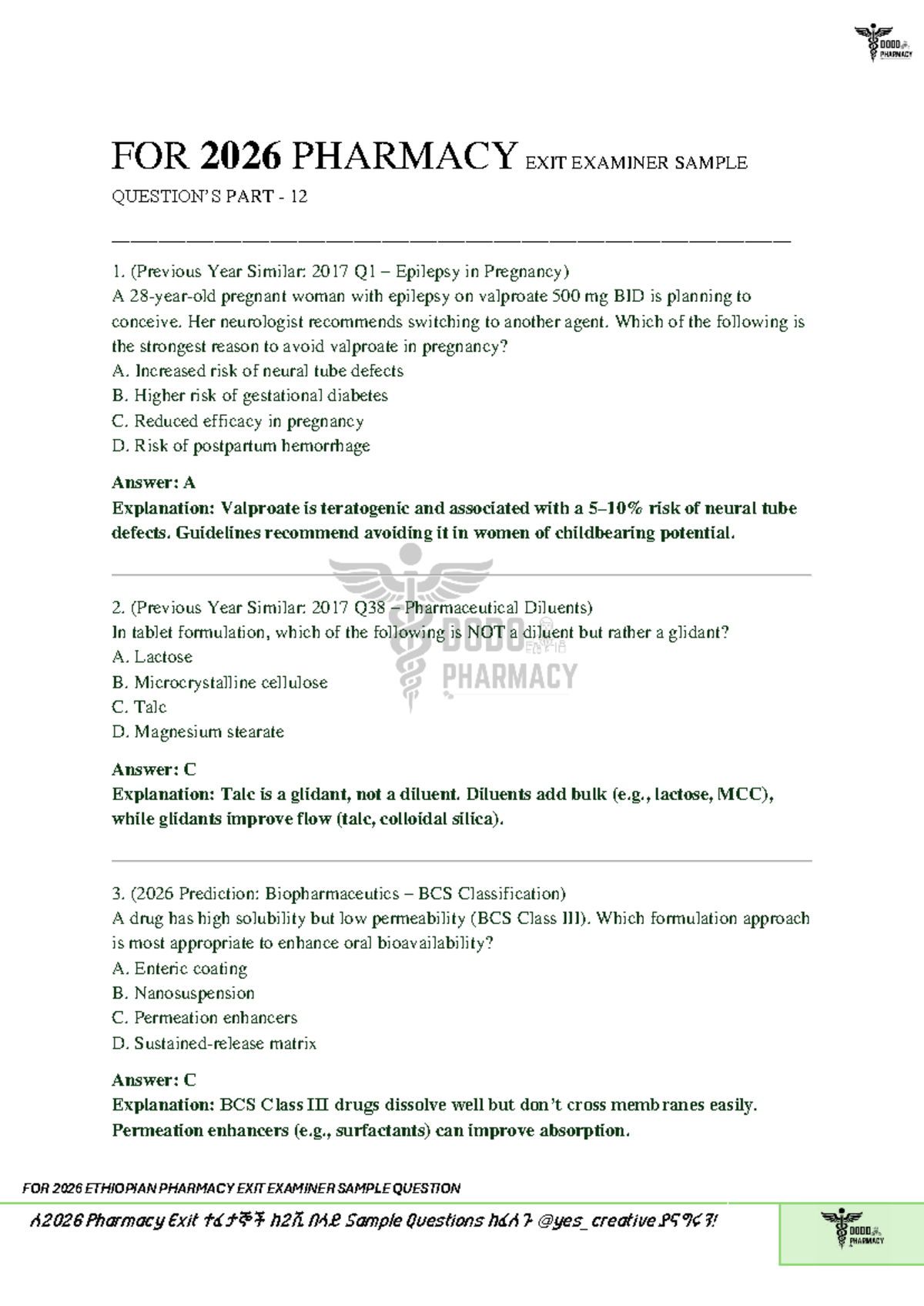 FOR 2026 PHARMACY EXIT EXAMINER SAMPLE QUESTIONS PART 12 - Studocu
