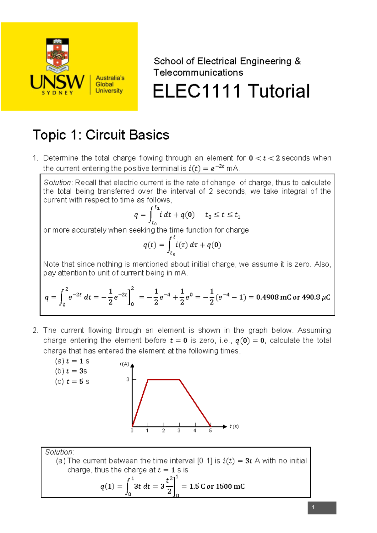 ELEC1111 Tutorial 1: Circuit Basics & Charge Calculations - Studocu