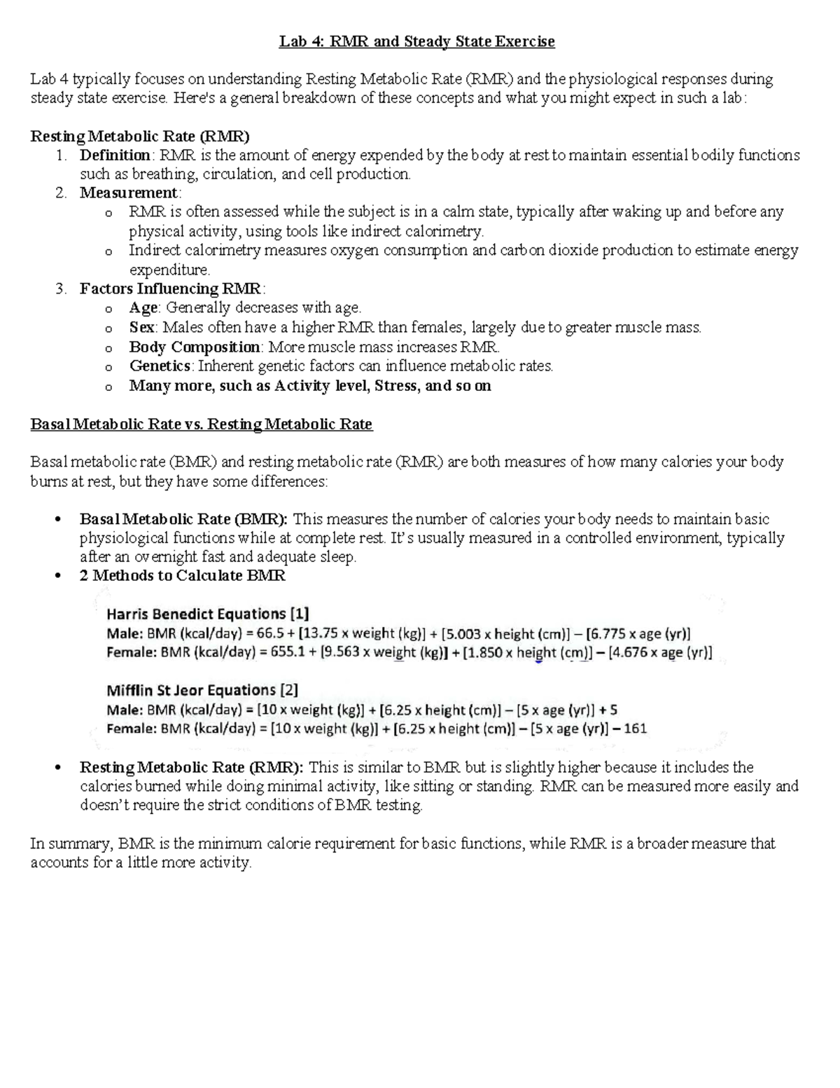Lab 4: RMR & Steady State Exercise Study Guide - Studocu