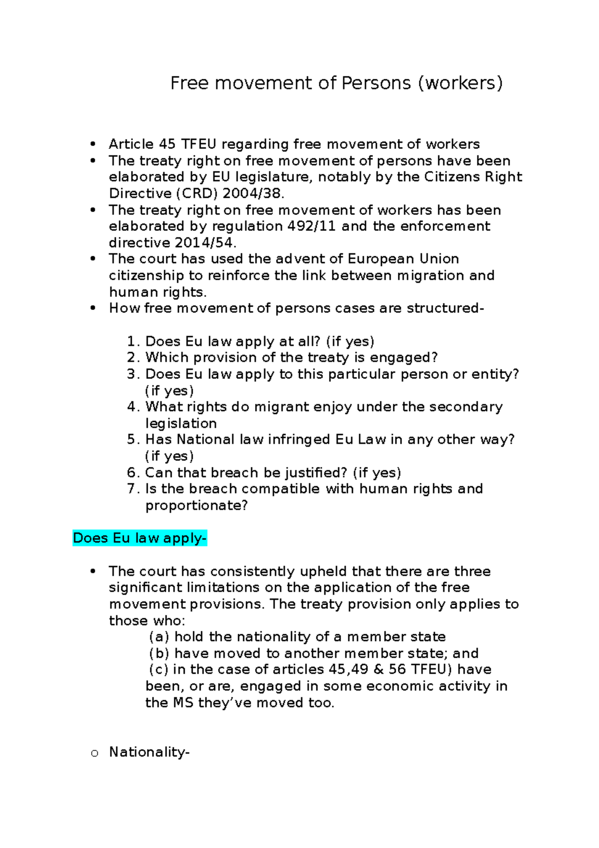 EU Law on Free Movement of Persons: Comprehensive Notes - Studocu