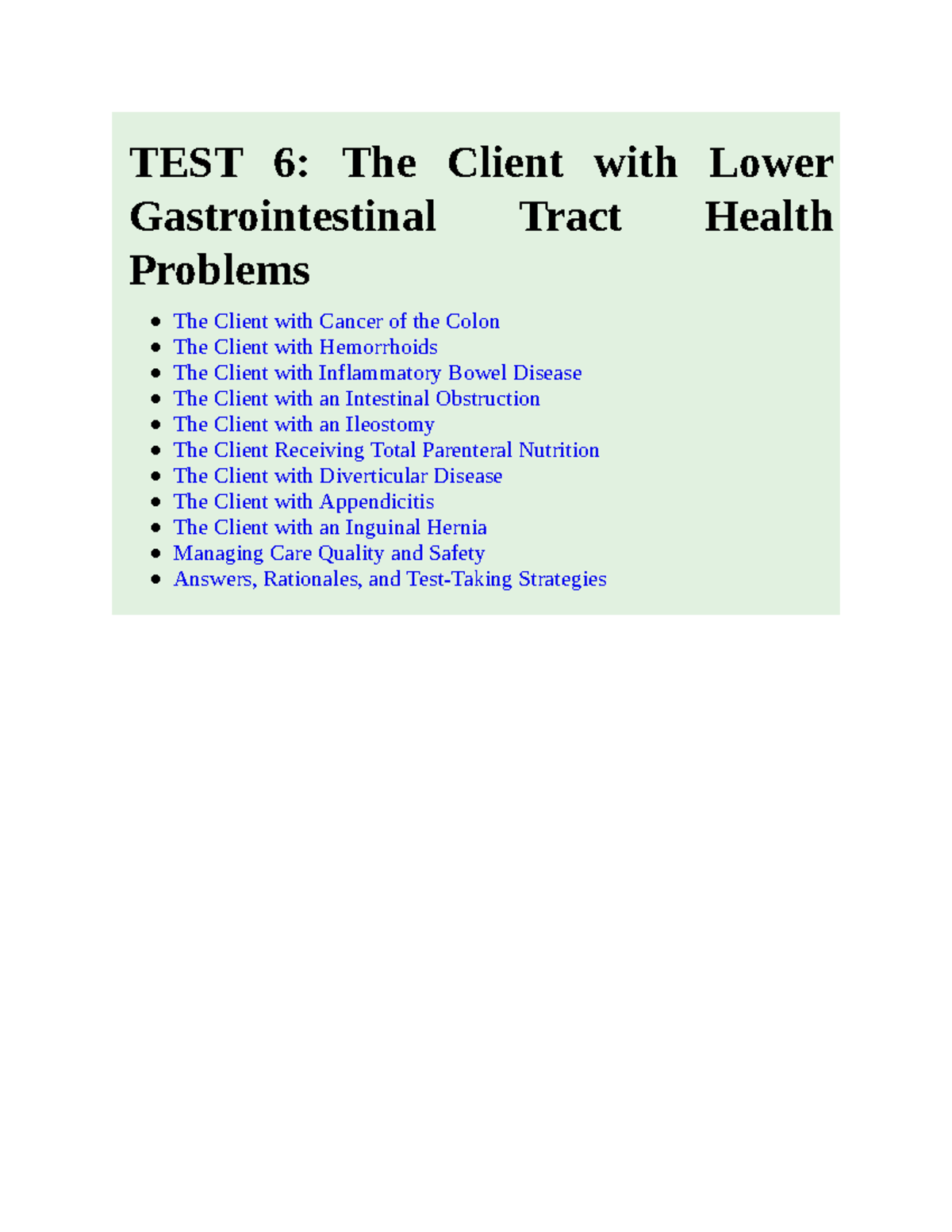 GI Lower Adult TEST - Practice Questions for Patient Care - Studocu
