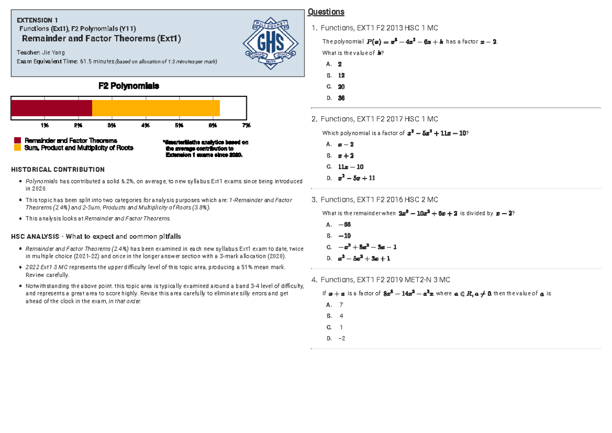 F2 EXT1 Remainder and Factor Theorems Exam Review - Studocu