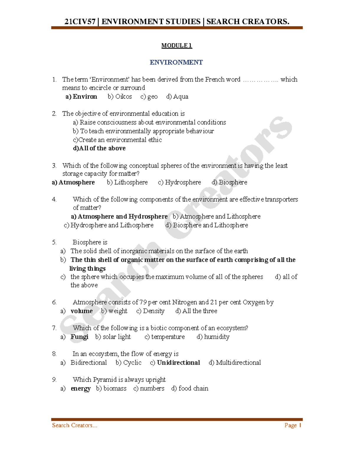 21CIV57 ENVIRONMENT STUDIES IMPORTANT QUESTIONS MODULE 1-3 - Studocu